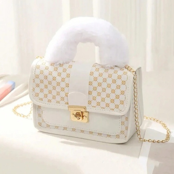 Bags | White Mini Crossbody Bag With Gold Chain Faux Fur Handle Luxury ...